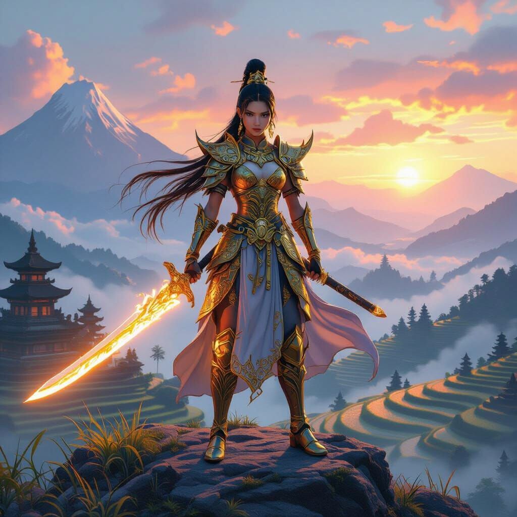 Anime Warrior Princess on Mountain Peak at Dawn - AI Art
