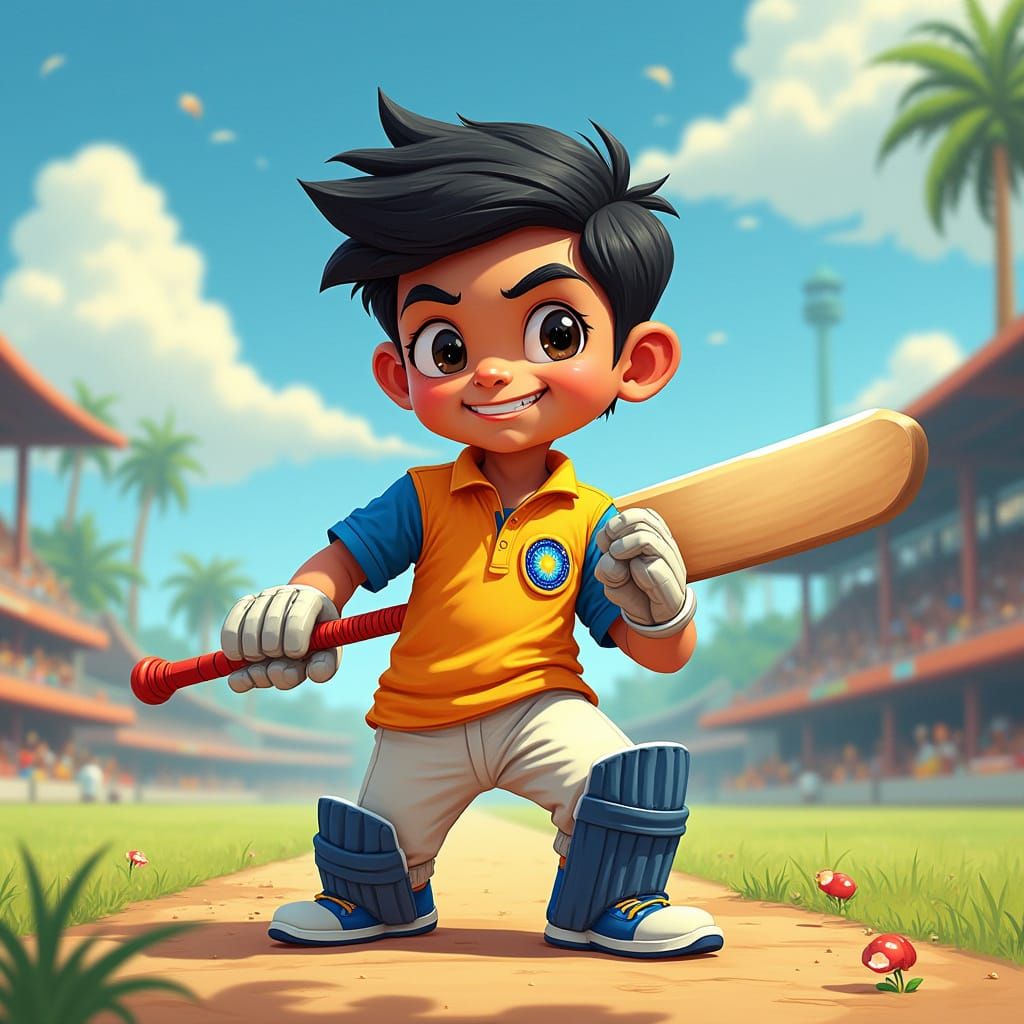 MS Dhoni's Son Swings Cricket Bat in Vibrant Comic... - AI Art