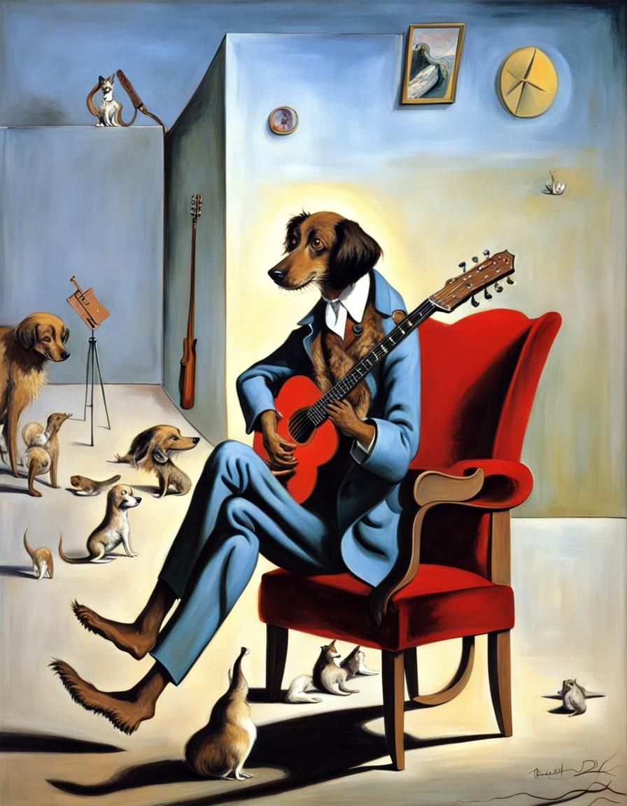 A scruffy brown dog in a red fur coat sits on a chair while playing his ...