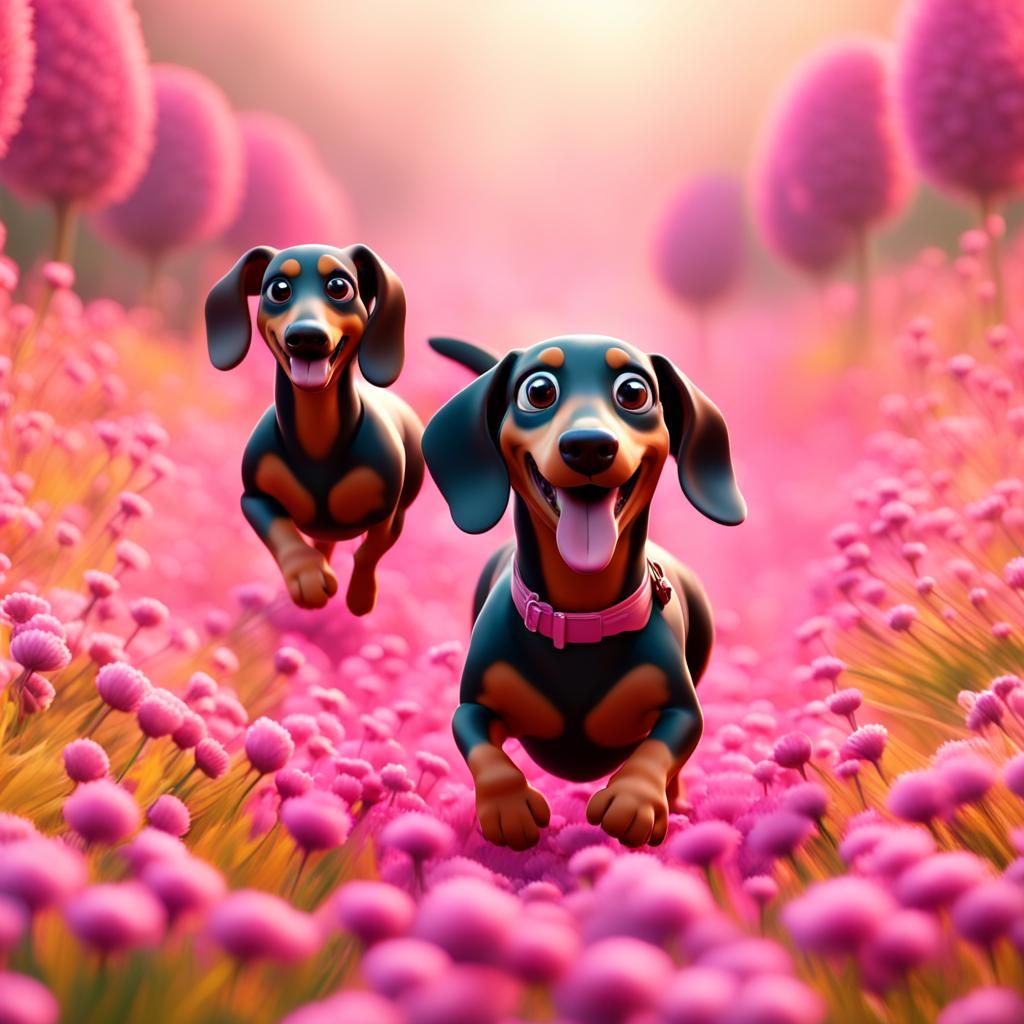 100 weiner dogs running in a feild of pink flowers - AI Generated ...