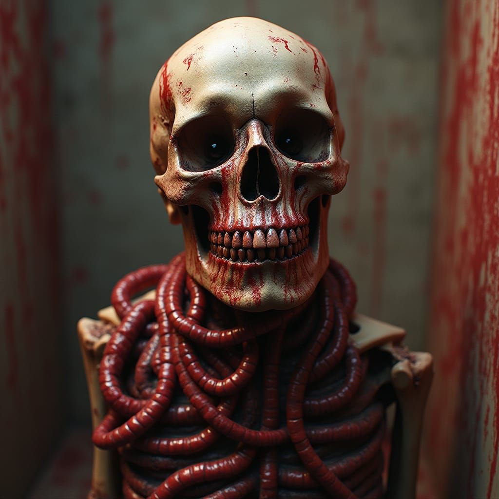 Macabre Skull with Bloody Intestine in Dark Biomec... - AI Art