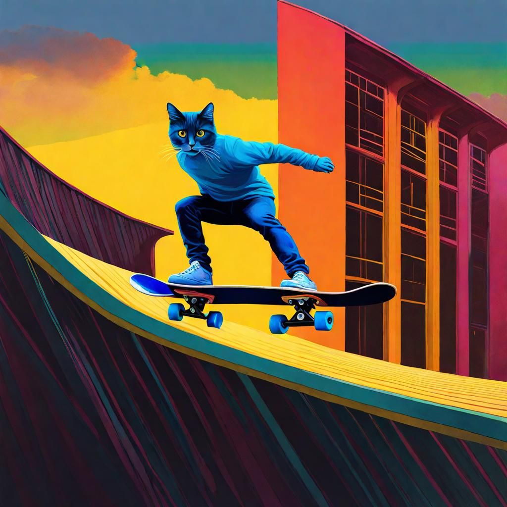 skater cat::cat on a skateboard::over a ramp::action painting:: Caspar ...