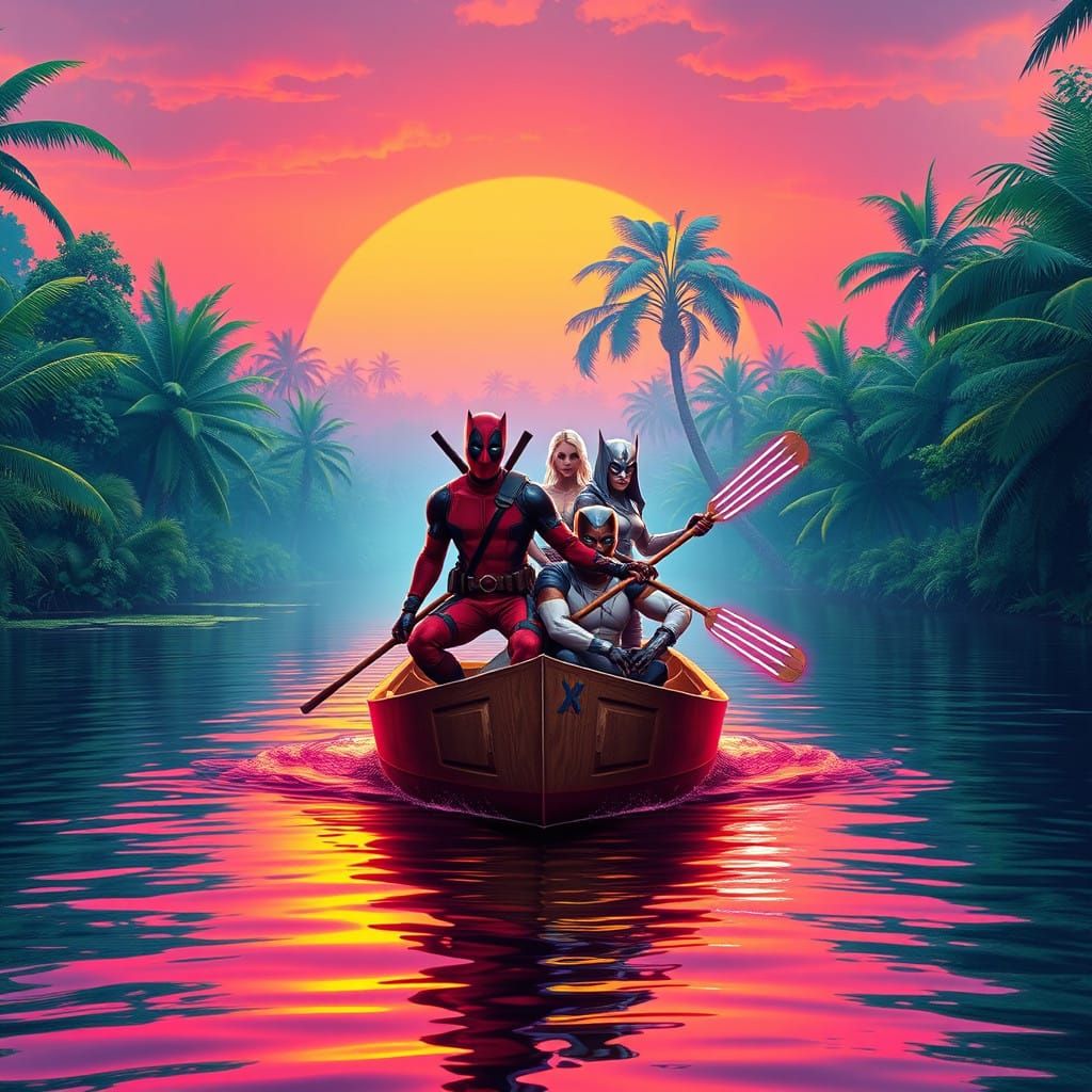 Deadpool and X-Men Paddle Canoe Down Amazon River ... - AI Art