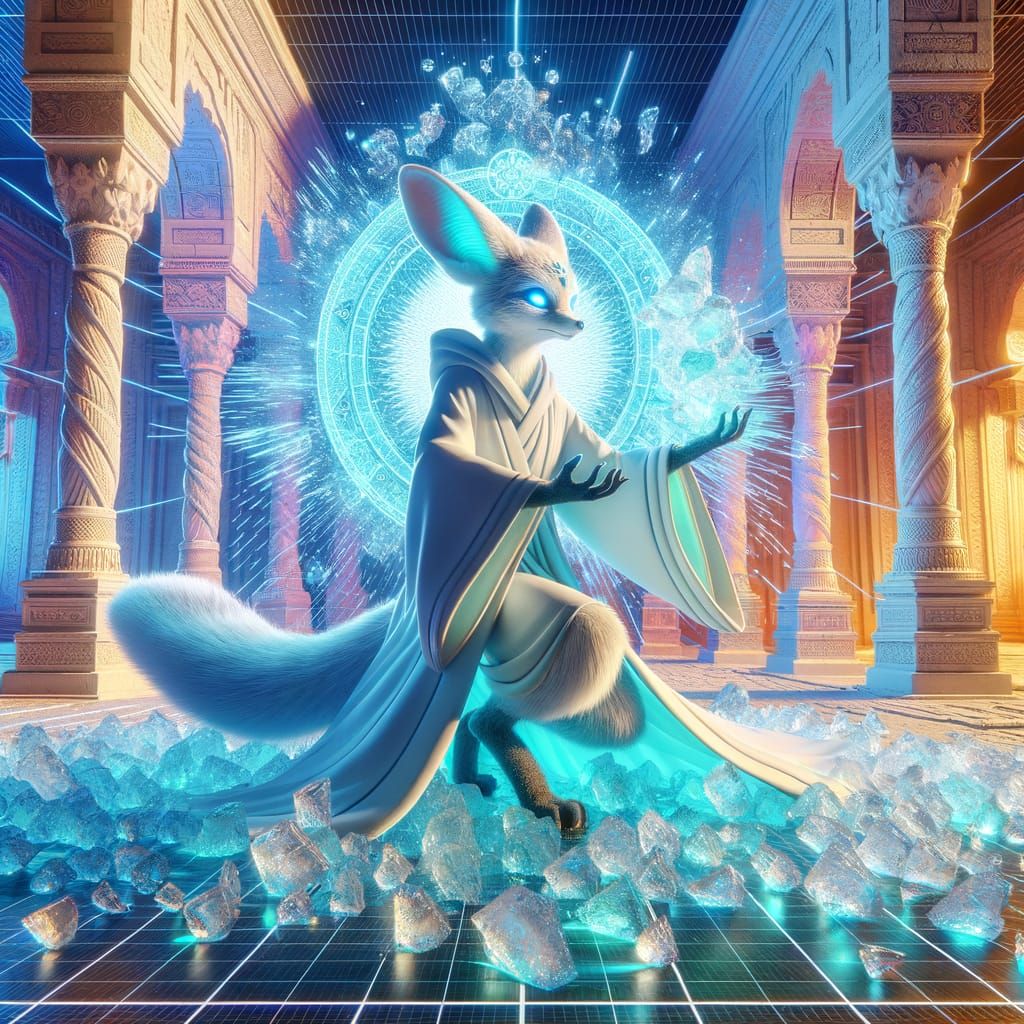 Anthropomorphic Fennec fox ice-mage with a glowing light-blue aura ...