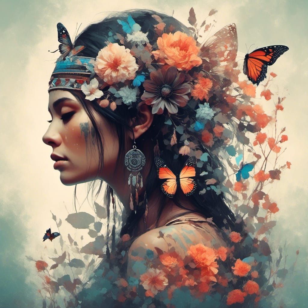 Double-exposure beautiful flowers and butterflies inside the ...