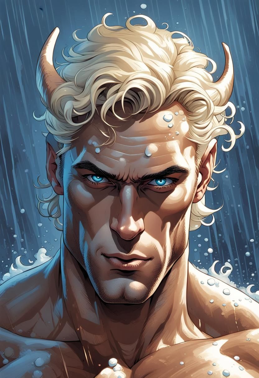 Muscular, bronze skinned man with meaningful, dark blue eyes, large ...