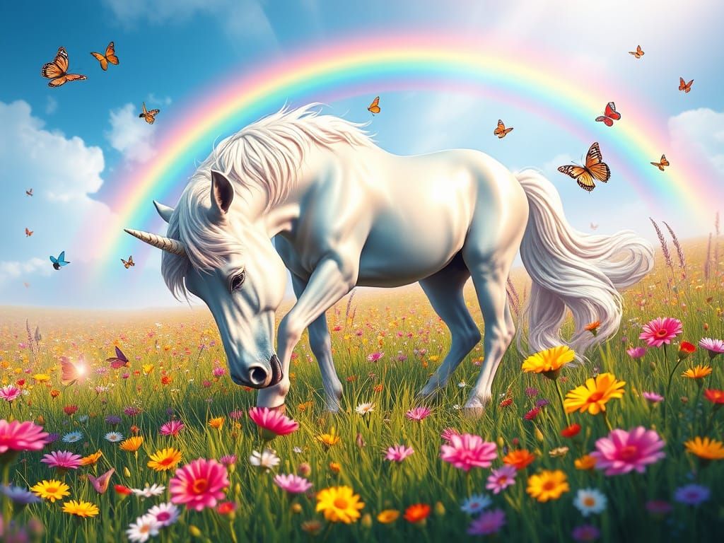 Ethereal Unicorn in Vibrant Rainbow Meadow - AI Art