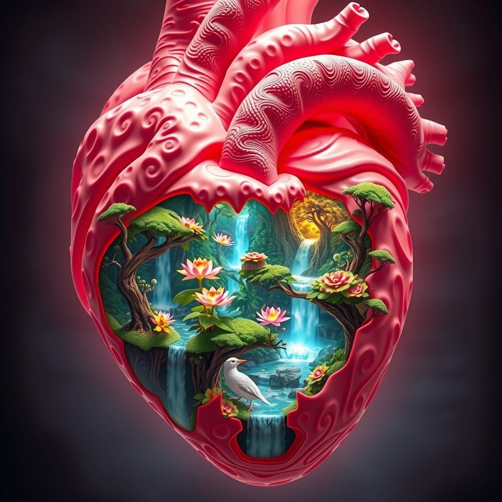 Imagine a hyper-detailed, hyper-realistic depiction of a human heart ...