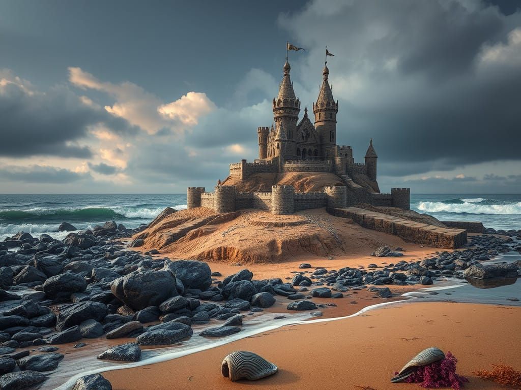 a castle built on sand at the high tide