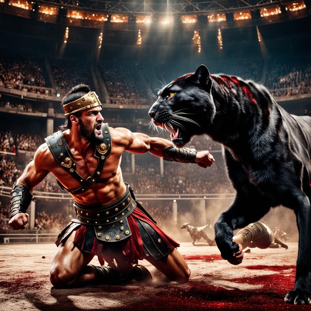 An gladiator against an ferocious animal, an panther that pounces on ...