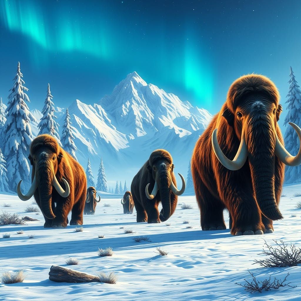 Majestic Woolly Mammoths in a Fantastical Winter W... - AI Art