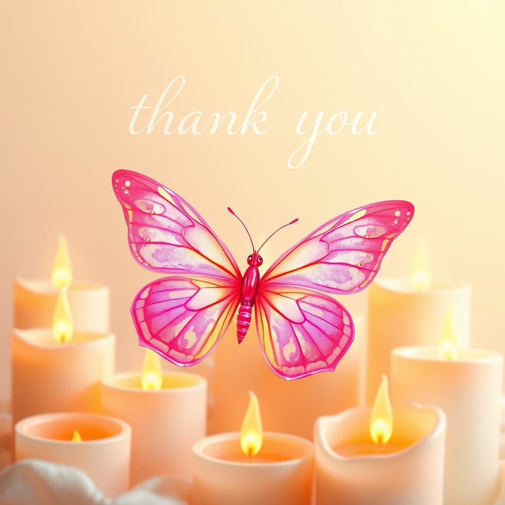 beautiful glowing pink butterfly amony glowing yellow candles and the ...