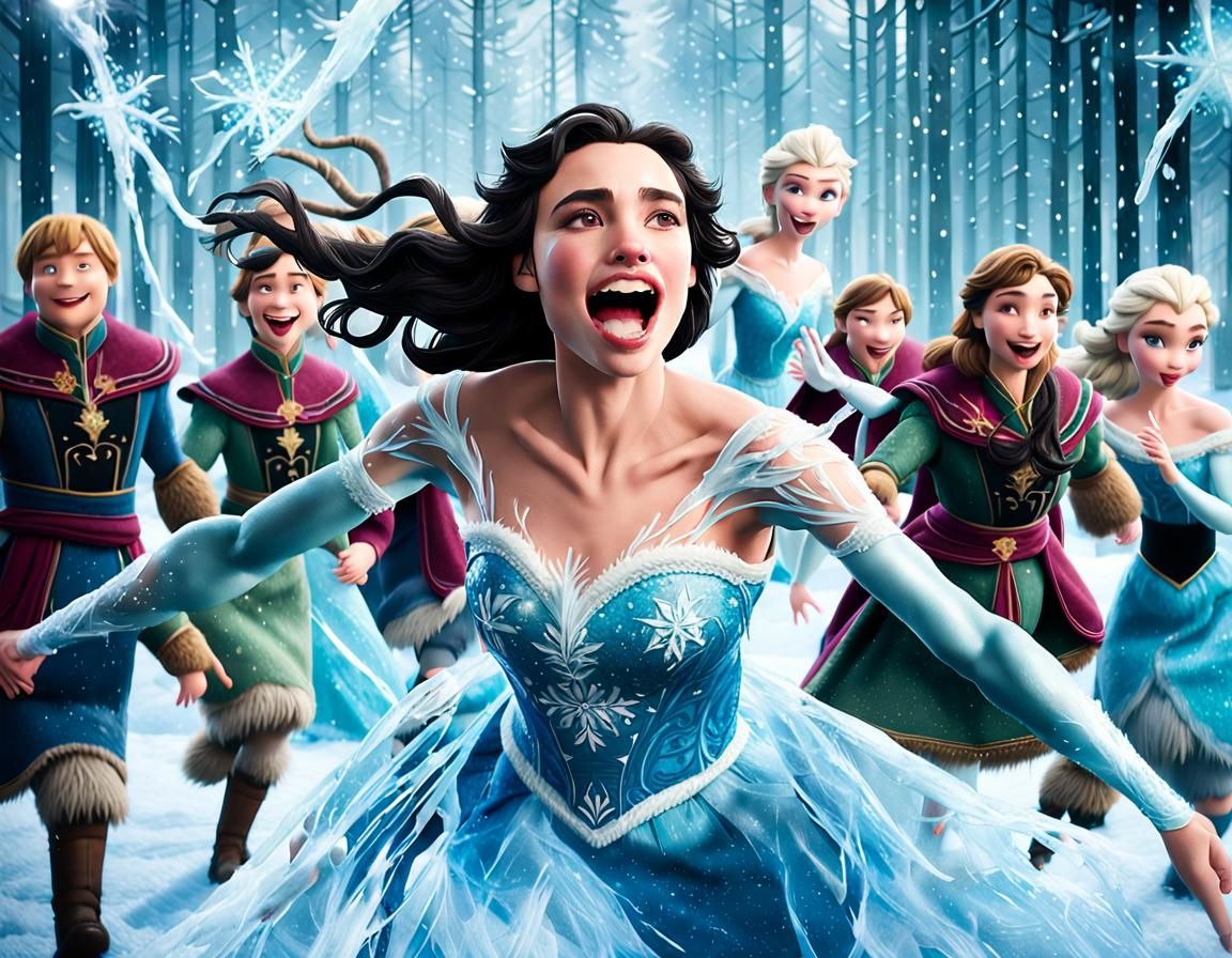 Gal Gadot as Elsa from Frozen, shown twirling around, dancing - AI ...