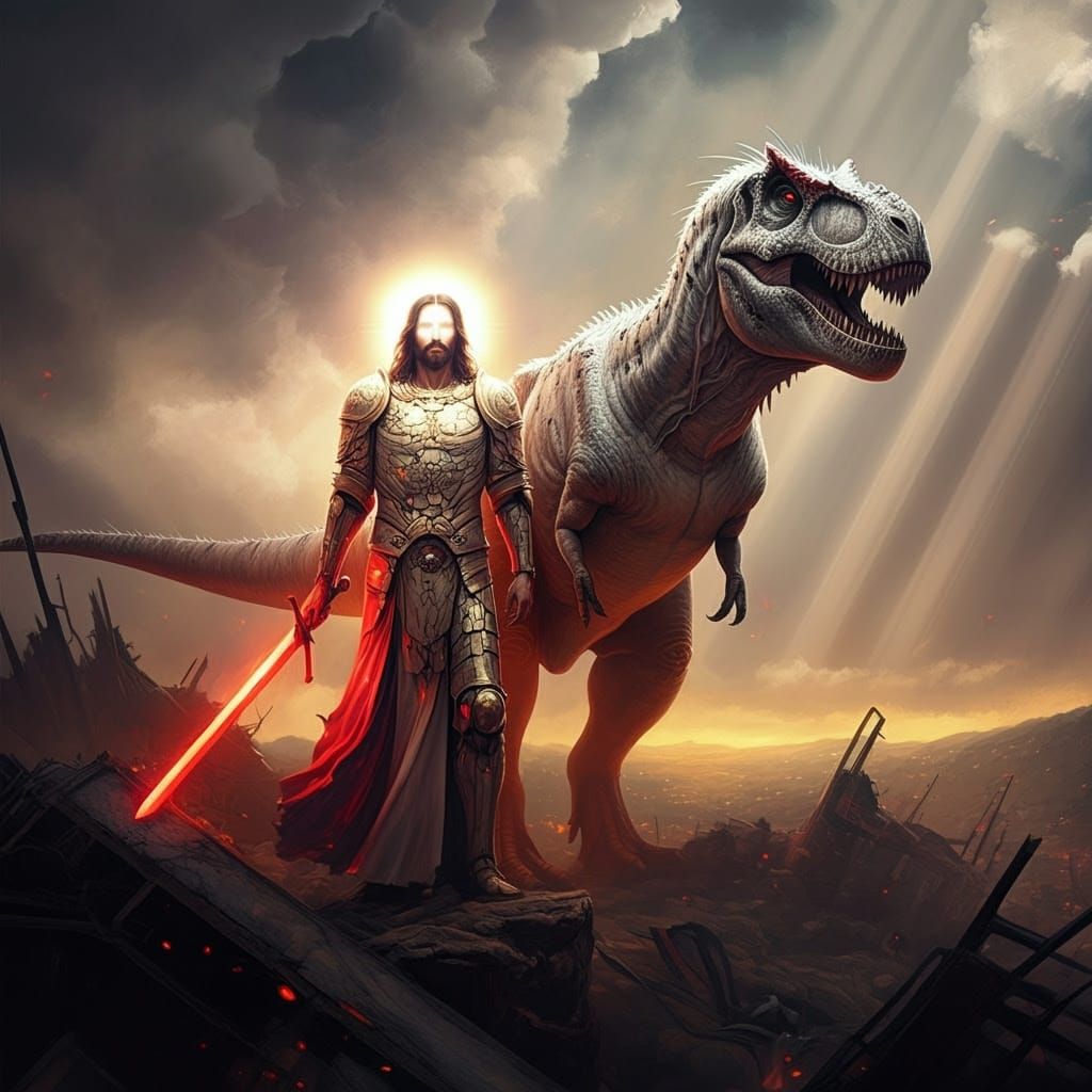 Radiant Warrior Jesus in Iridescent Opal Armor - AI Art