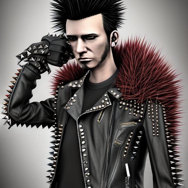 Punk rock guy. Spiky hair. Leather jacket with patches. Mohawk liberty ...