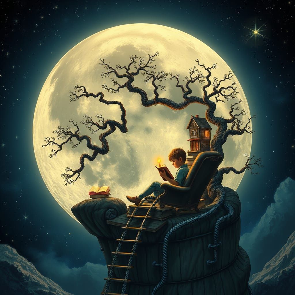 Enchanted Lunar Library Scene in Whimsical Dreamli... - AI Art