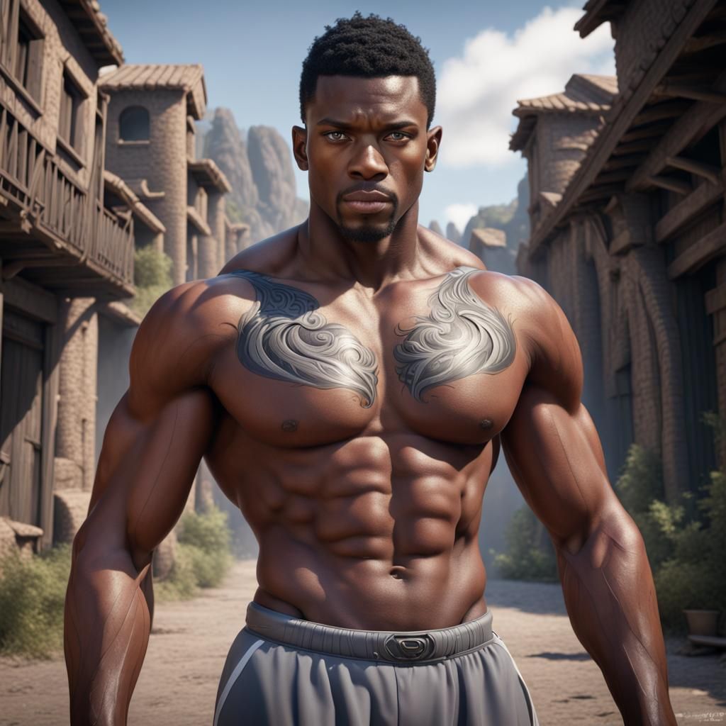 handsome black man with black hair and gray eyes and sports muscles ...