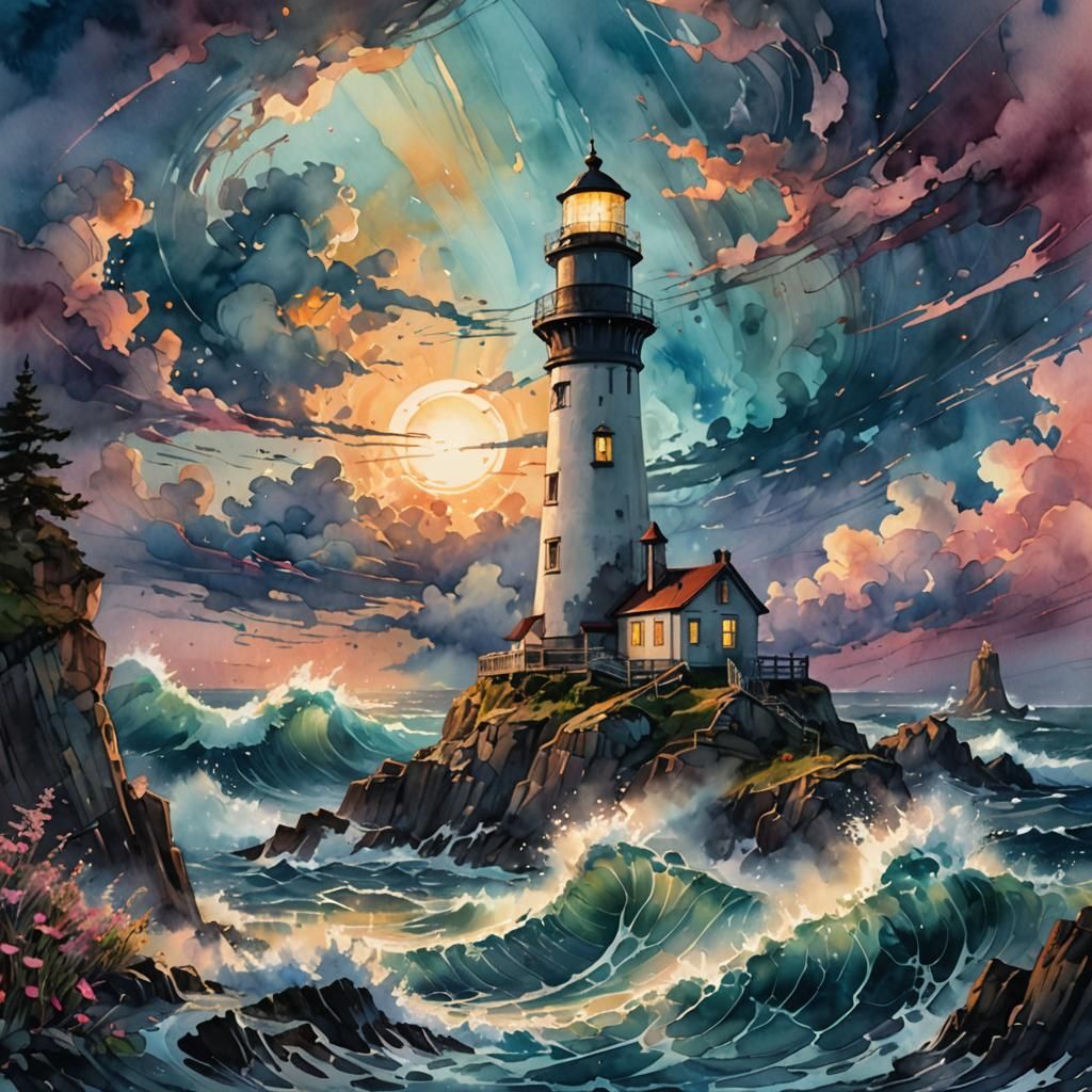 The lighthouse - Stylized Watercolor Lighthouse Amidst Suns...