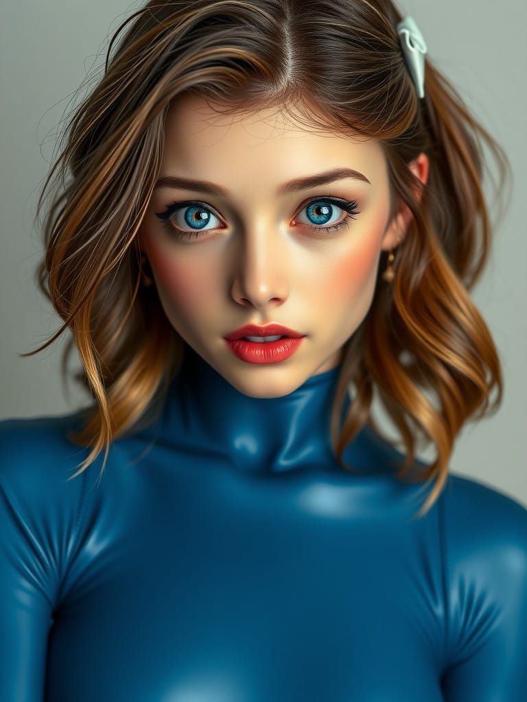 Hyper realistic, cute, comely, young, shy, female, tight fitting blue ...