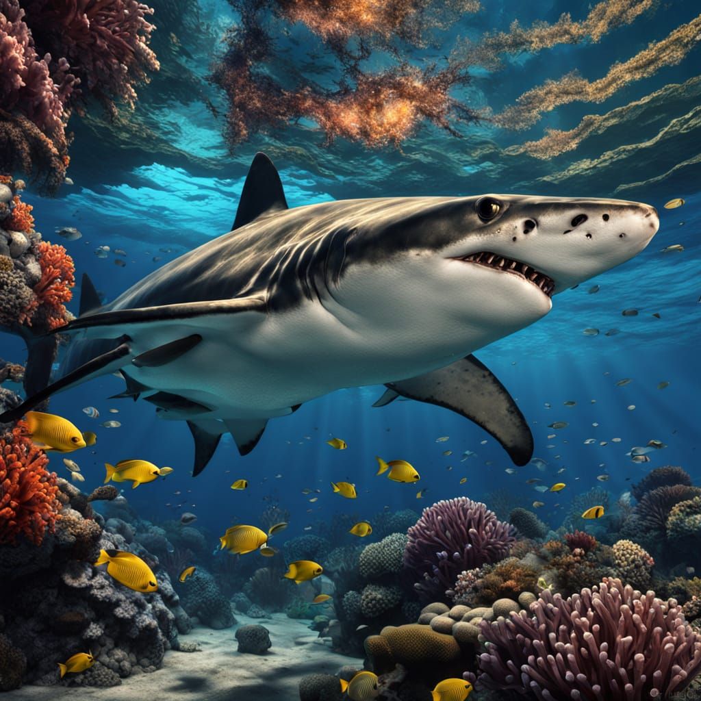 A hammerhead shark silhouette seen from bellow, underwater scene, the ...