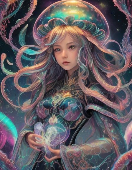 (hyper detailed breathtaking artwork of a iridescent jellyfish mermaid ...