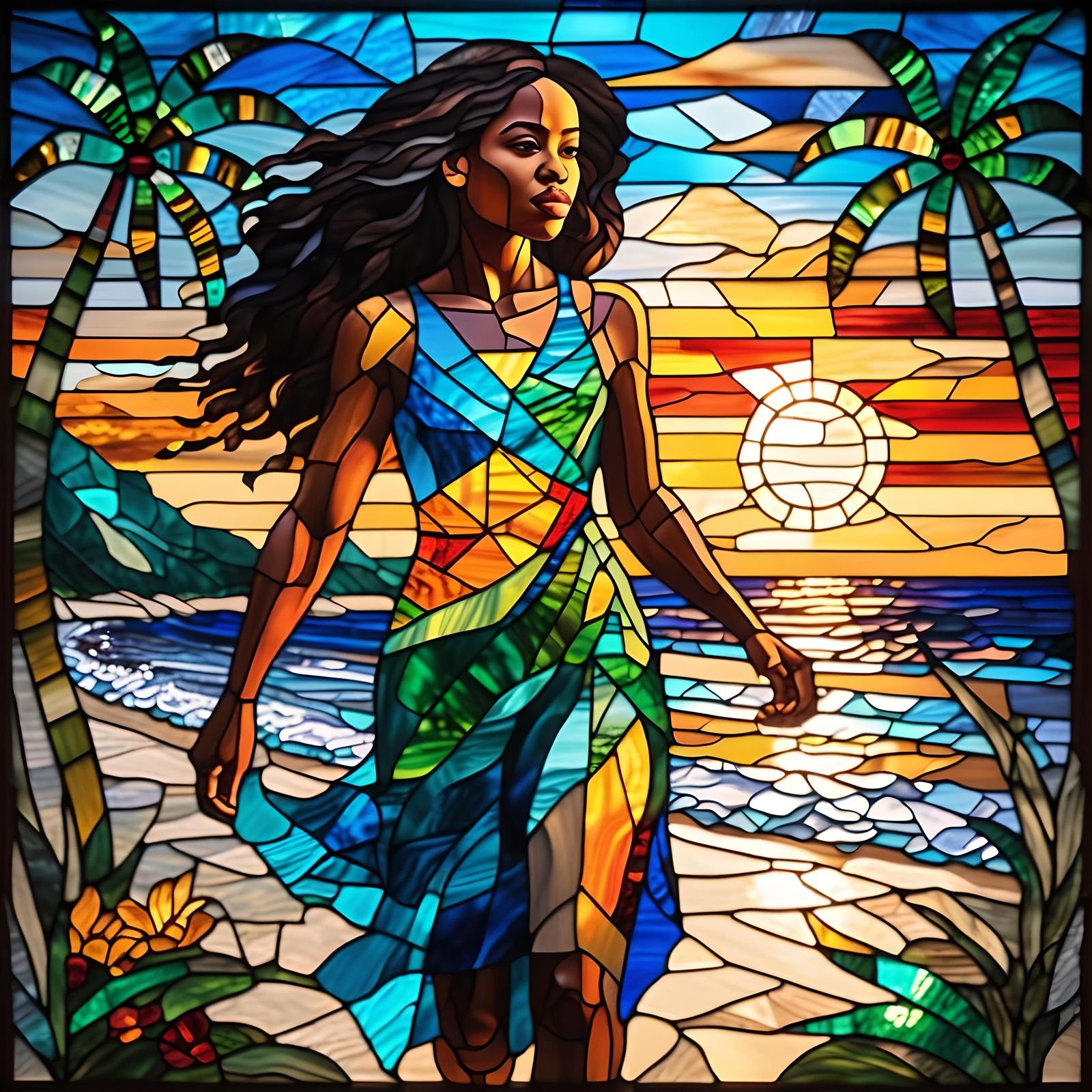 Stained Glass Seaside Scene - AI Generated Artwork - NightCafe Creator
