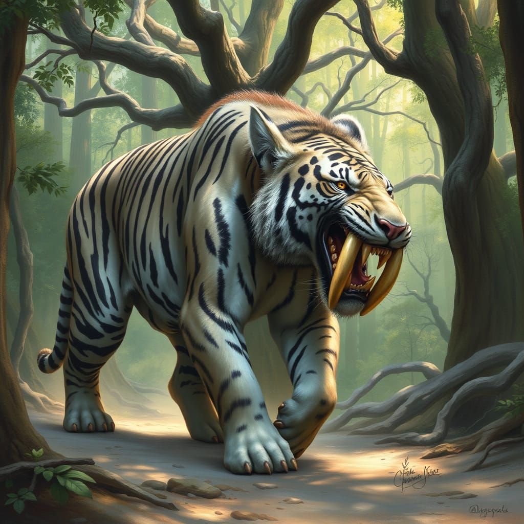 Majestic Smilodon in Gray Striped Fur, Saber-Tooth... - AI Art