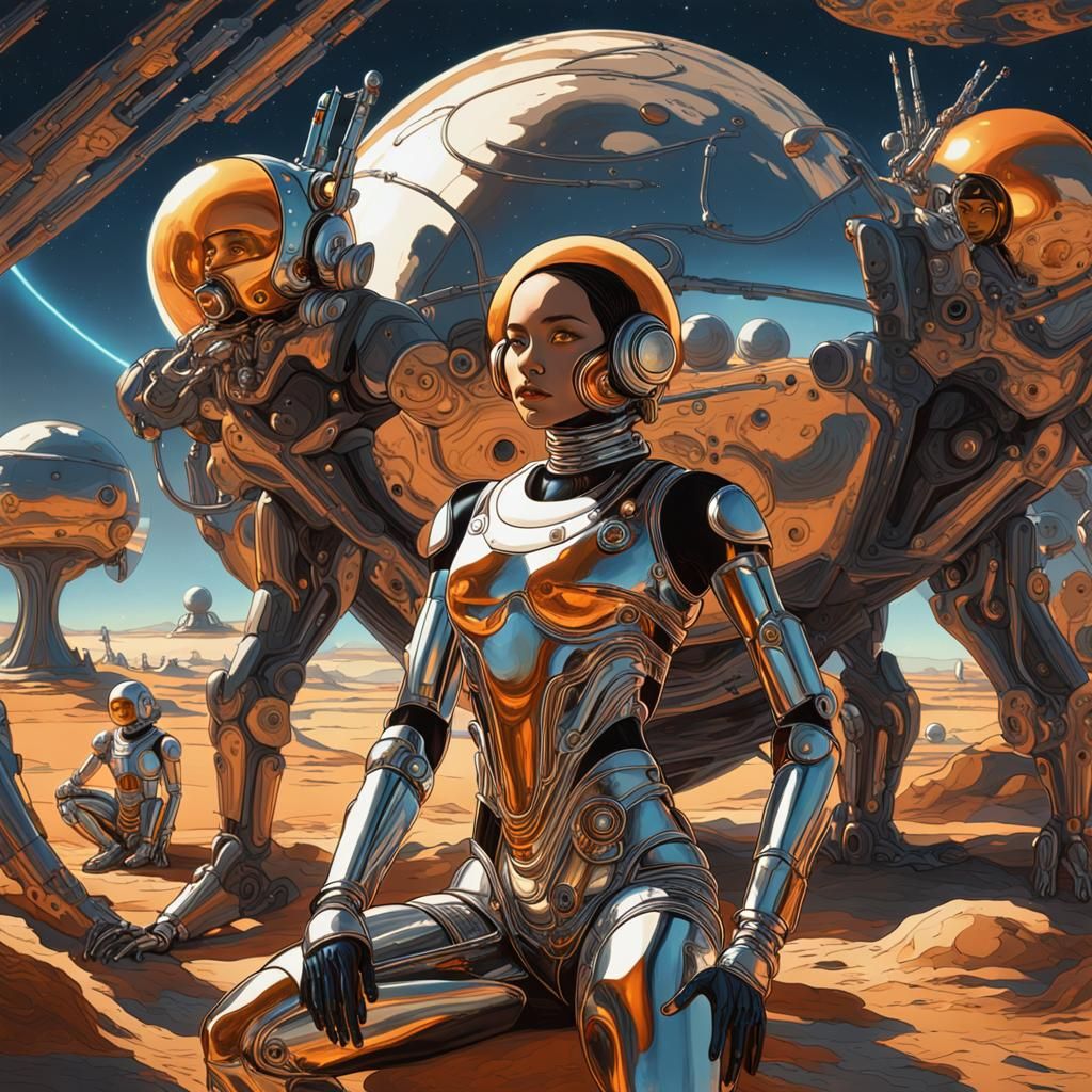 Chrome cyborg woman inspired by Hajime Sorayama, sitting in a Martian ...