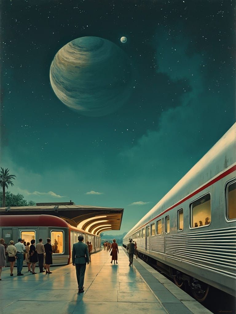 Retro-Futuristic Train Station at Night Under a Ce... - AI Art