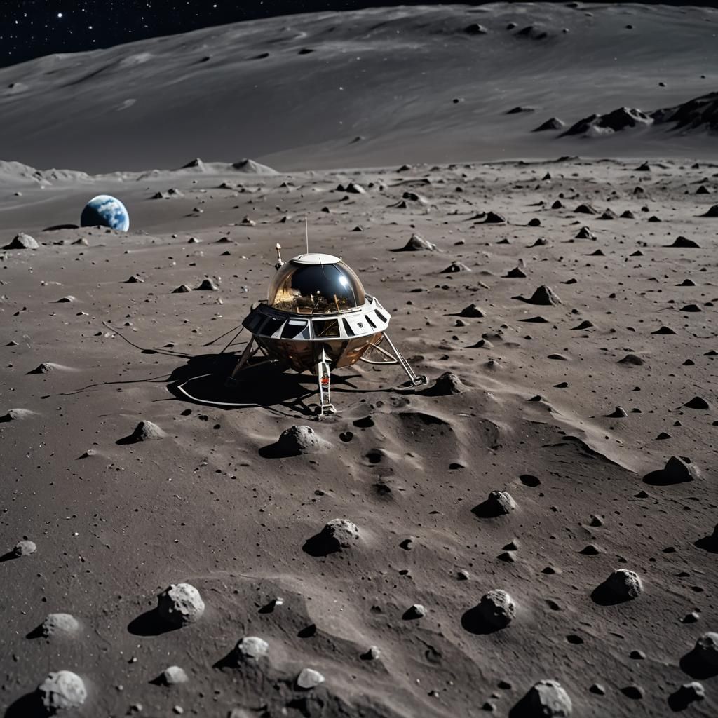 miniature spaceship on the moon surface, starry night sky with planets ...