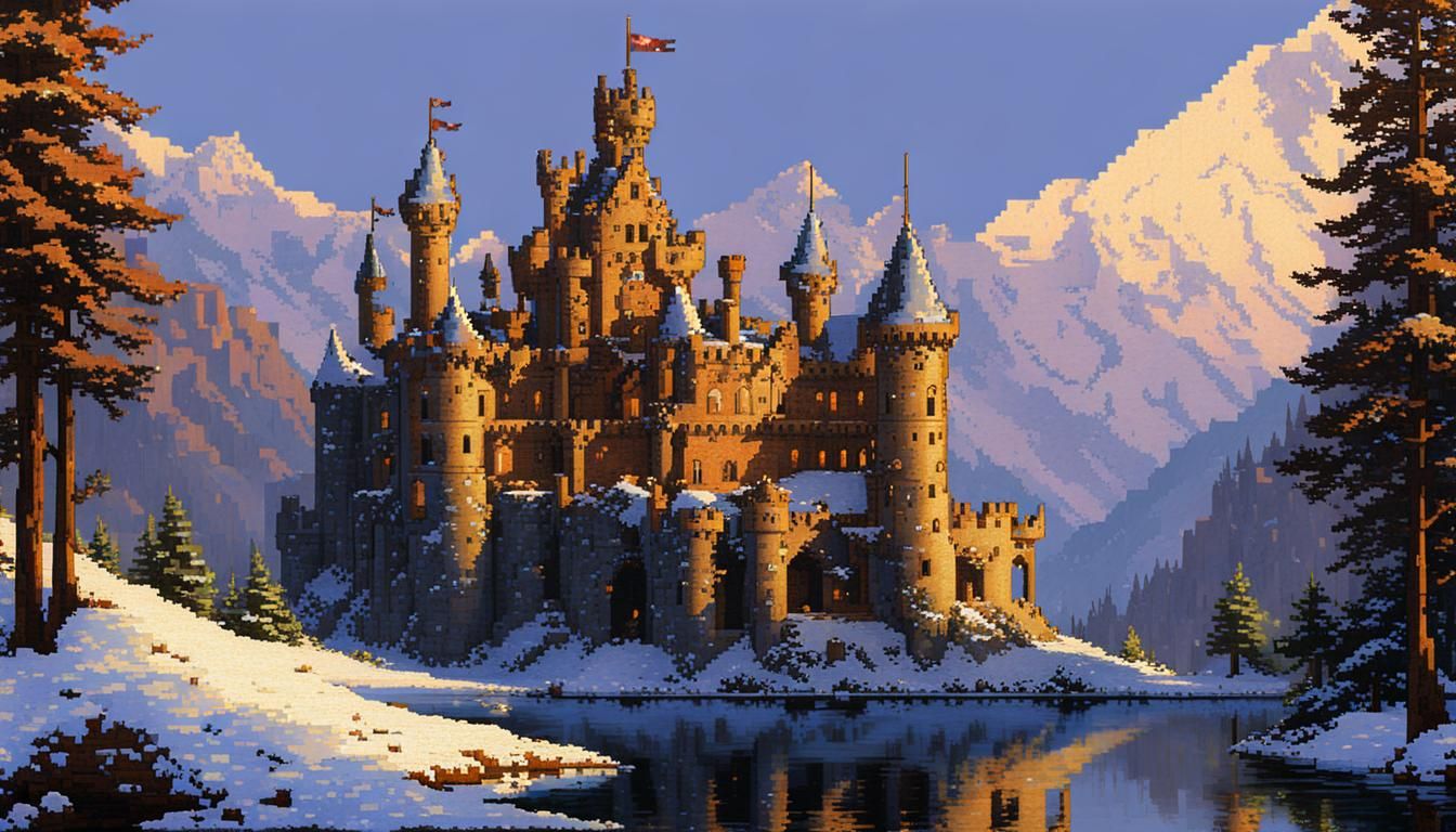Fairy castle snow by John William Waterhouse, (pixel art, pixel ...