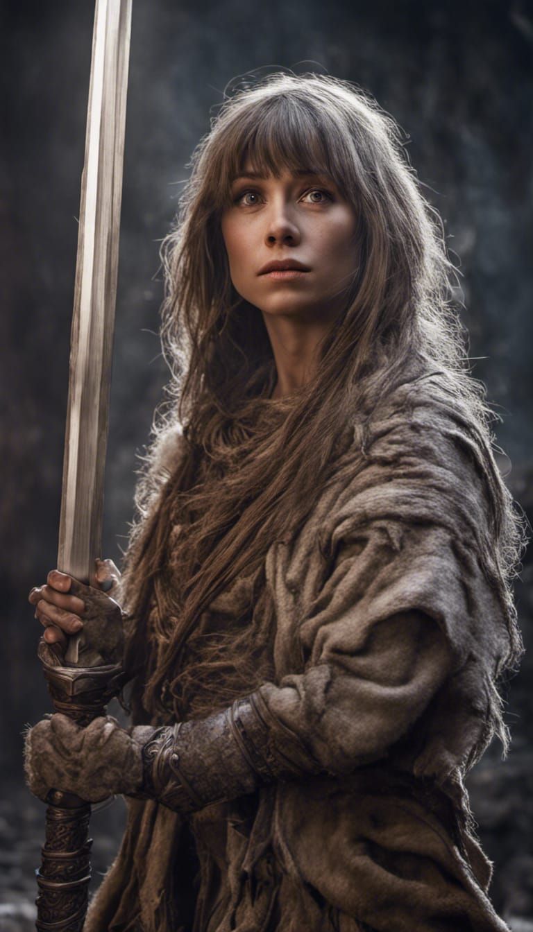 Jen from the dark crystal with brown hair wielding a sword - AI ...