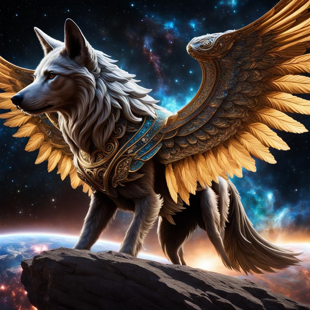 masterpiece, best quality, Cosmic Sphinx Wolf with wings, in very deep ...