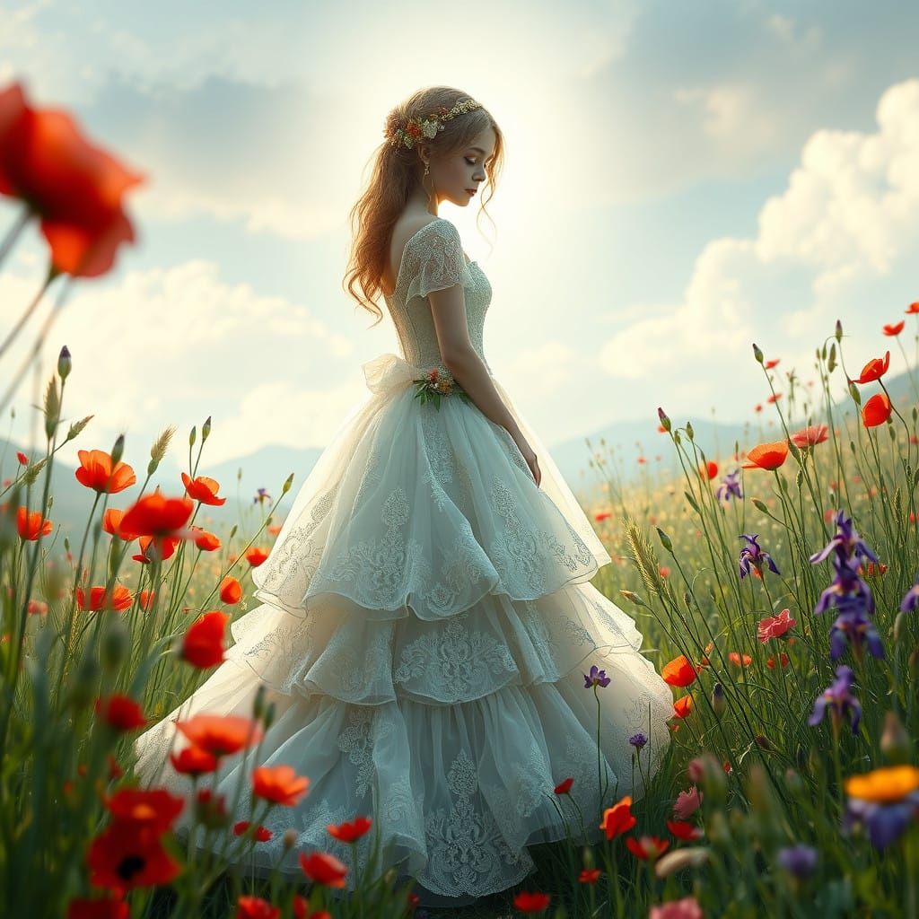 Dainty girl in vintage dress in meadow
