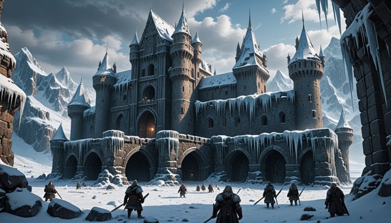 Frozen Dwarves Stand Guard in Icy Fortress Ruins - AI Art
