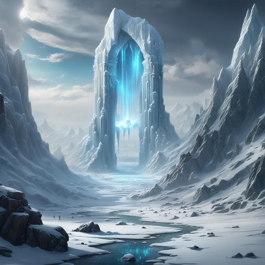 A rift portal and within the rift an icy tundra. Epic cinematic ...