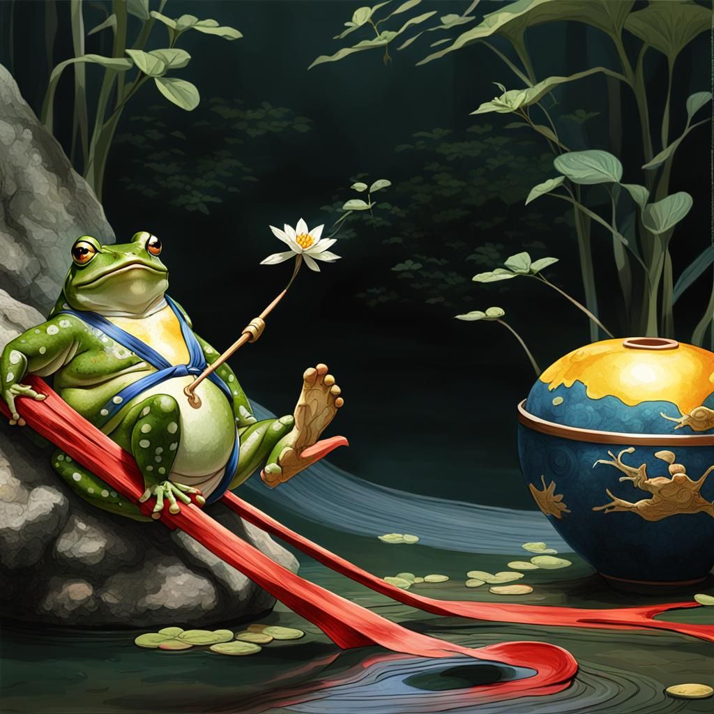 Visualize a frog character who is known as 'Master Frogsalot'. This ...