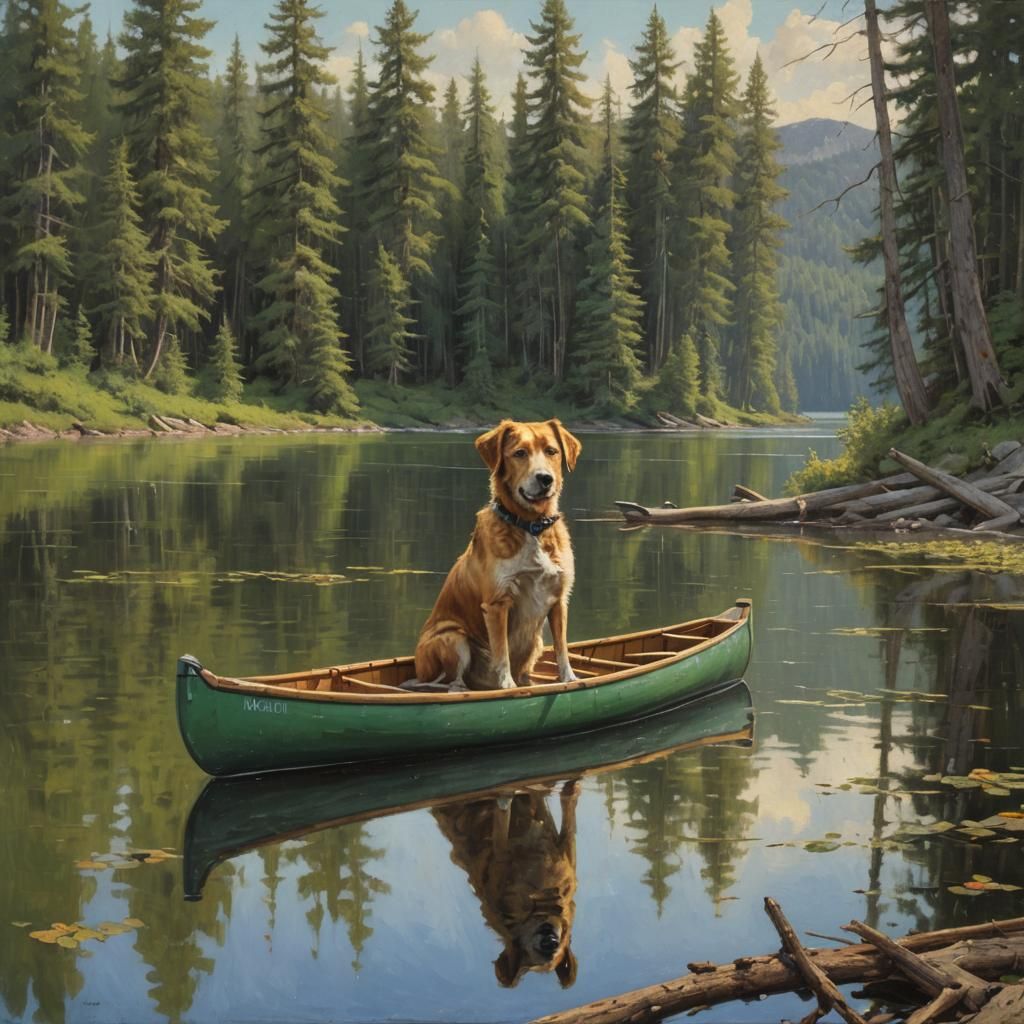 A dog sitting in a canoe on the lake - AI Generated Artwork - NightCafe ...