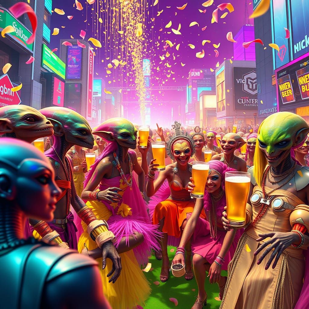 Alien Crowd Celebrates in Futuristic City Square - AI Art
