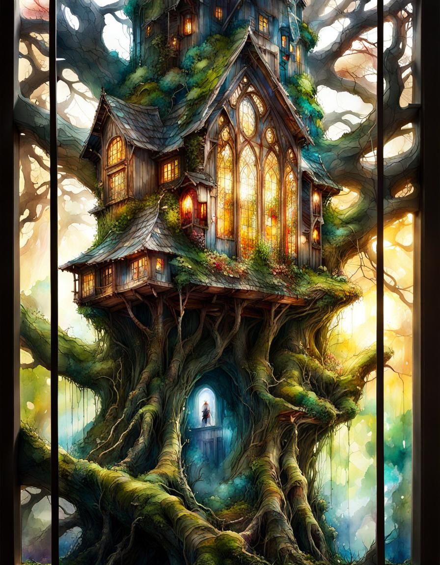 Stained Glass Gothic Church Treehouse - AI Generated Artwork - NightCafe Creator