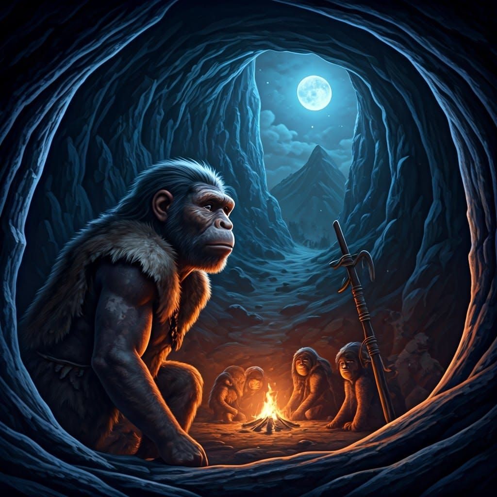 Un primitivo de la era neandertal con una lanza se encuentra observando ...