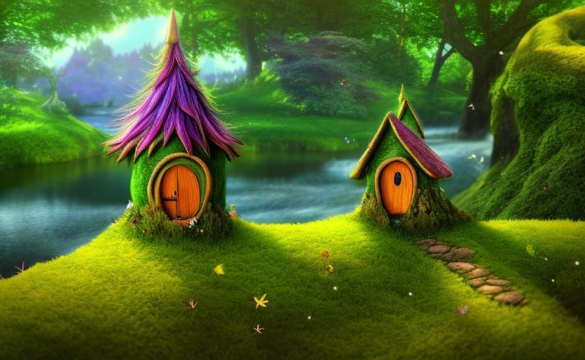 Fabulous, beautiful fairy house on a green hill near a large river ...