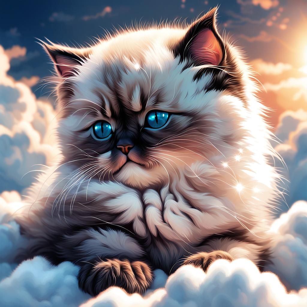 A Cute adorable fluffy Himalayan kitten sleeping on clouds in the sky ...