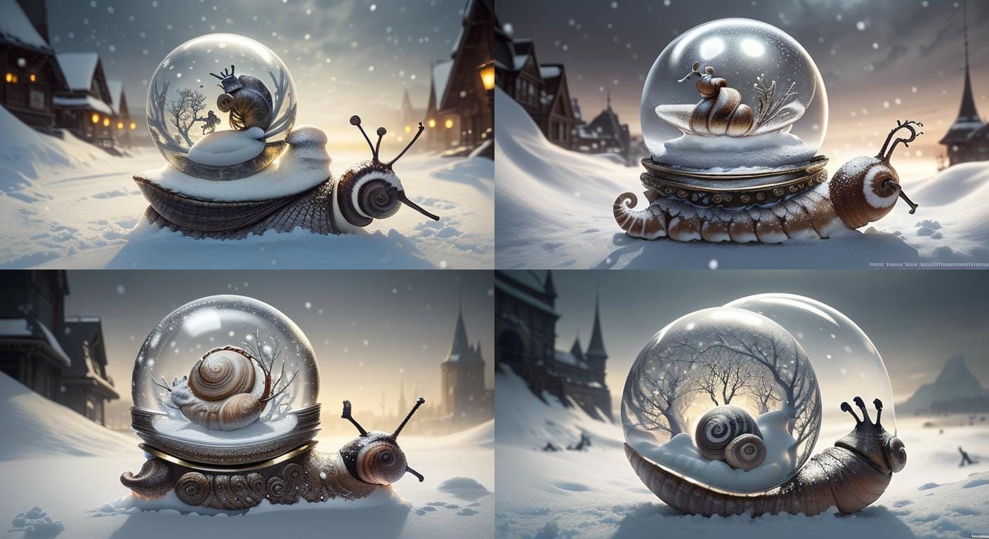 snail with a snow globe on its back as a shell Epic cinematic brilliant ...