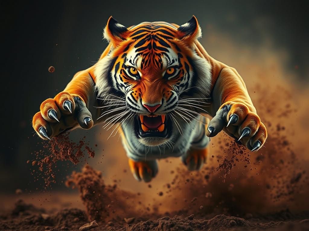 An intense, close-up image of a very muscular and robust Bengal Tiger ...