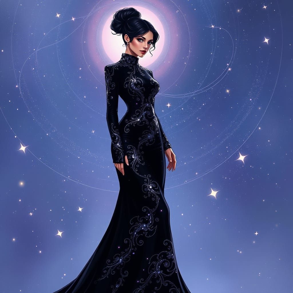 Galactic Siren in Futuristic Black Costume with St... - AI Art