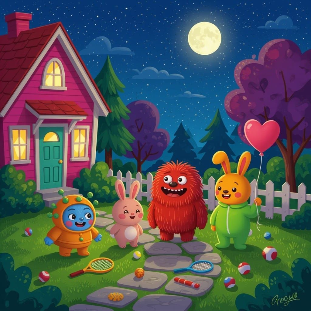Whimsical Cartoon Creatures Outside Pink House at ... - AI Art