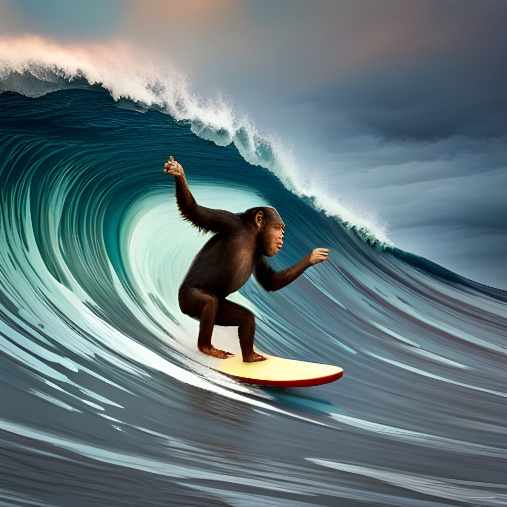 Chimpanzee surfing a big wave on surf board, at sunset impasto - AI ...
