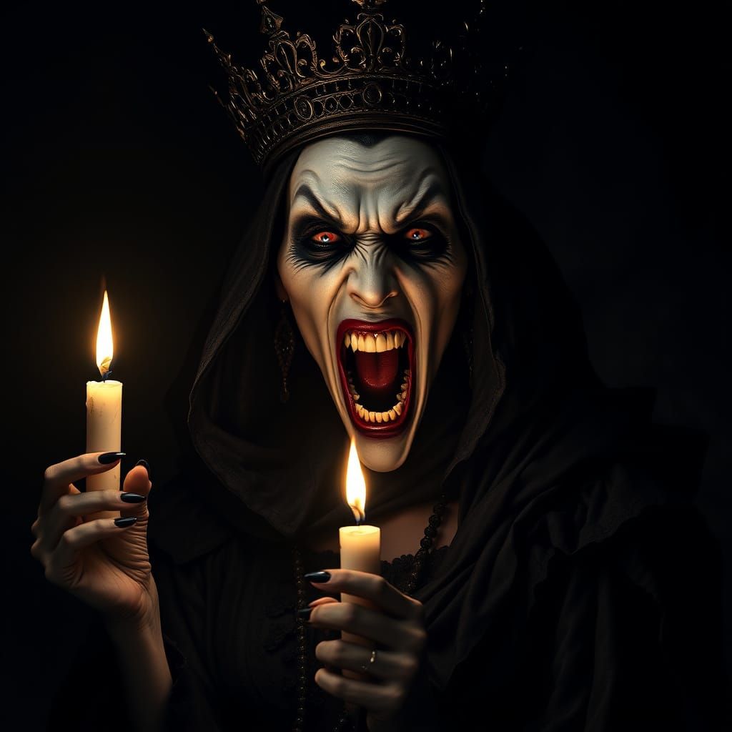 Gothic Vampire Queen Screams in Rage, Candlelit Da... - AI Art