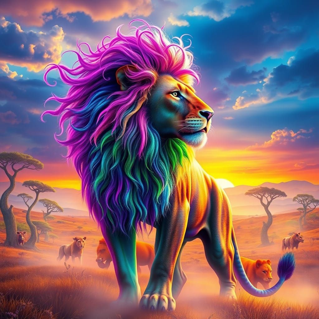 psychedelic lion - Ethereal Lion in Vibrant, Dreamlike Savan...